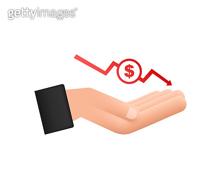 Money loss sign in hands. Cash with down arrow stocks graph, concept of ...