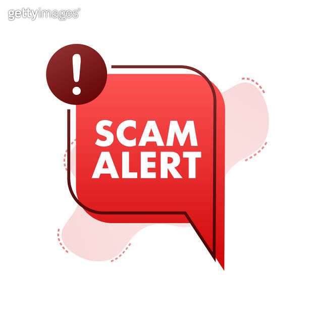 Banner with red scam alert. Attention sign. Cyber security icon. Caution warning sign sticker ...