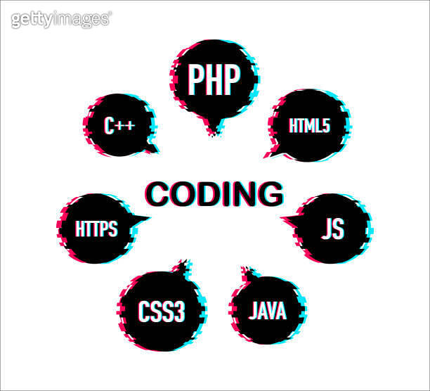 Programming, web development concept. Glitch icon. Code on the screen ...