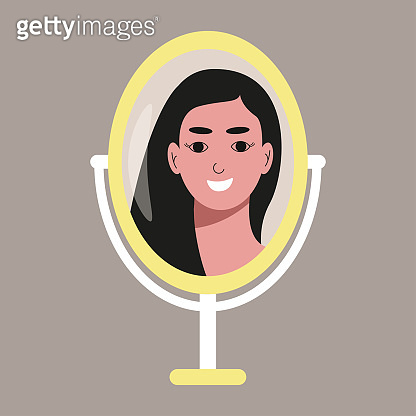 Happy cute woman looking in the mirror and smiling. 이미지 (1361873947 ...
