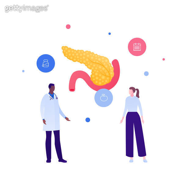 Endocrine system, pancreas disease and diabetes concept. Vector flat ...