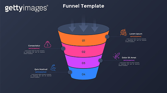 Funnel-shaped diagram divided into 4 colorful layers. Concept of four ...