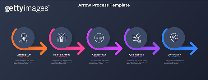 Process chart with five paper black round elements placed in horizontal ...