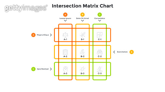Matrix Diagram With Linear Intersected Elements 9 Colorful Square Cells Arranged In Rows And