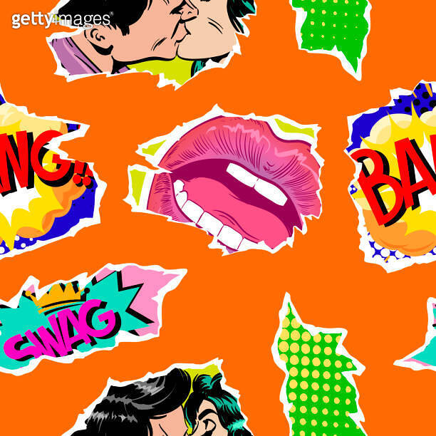 Seamless pattern pop art comics style. Collage of torn pieces from ...