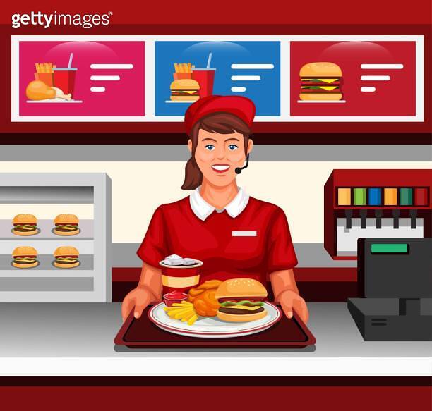 Girl fast food restaurant work served order to customer concept in ...