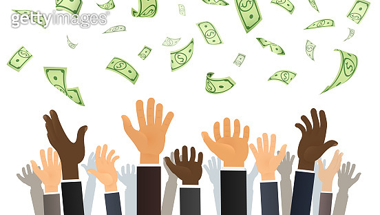 Peoples hands catching money from the sky. Money refund, winning cash ...