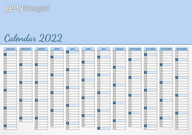 Wall horizontal Calendar for year 2022 in a simple month columns design ...