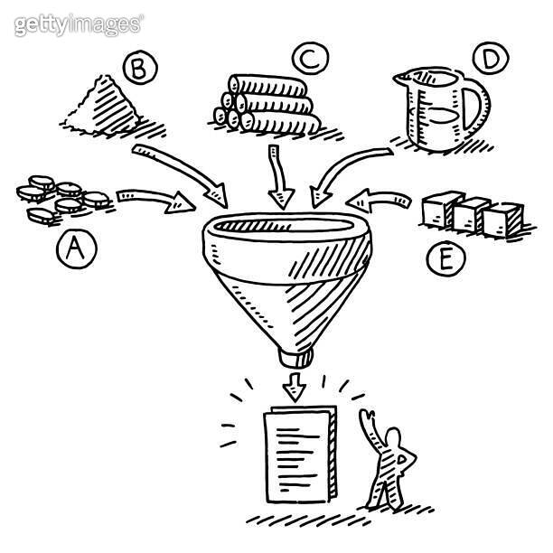 Put Together Ingredients Funnel Infographic Drawing (1315371782) - 게티이미지뱅크