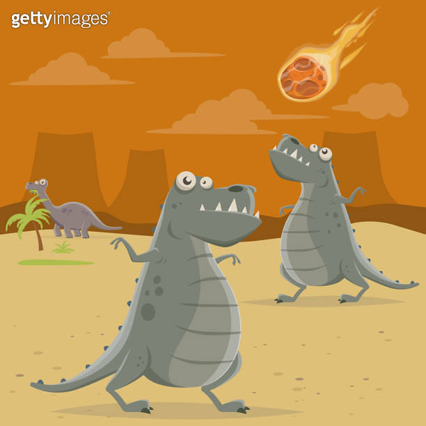 cartoon illustration of a big asteroid falling down on dinosaurs 이미지 ...