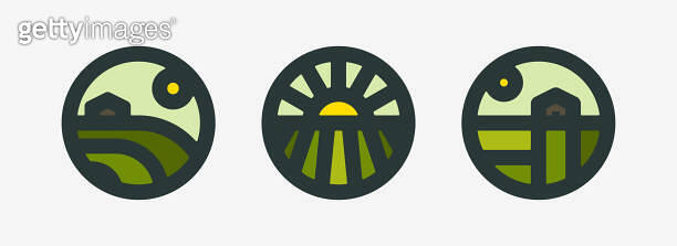 Farm logo mark template or icon of rural landscape with sun and field ...