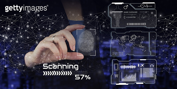 Fingerprint scanning of biometric identity and approval. Hand hold ...