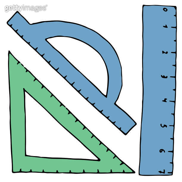a set of rulers of different shapes and a protractor, blue and green ...