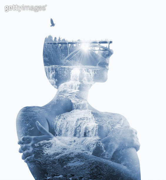 Multiple Exposure of woman, waterfalls and bridge 이미지 (1314401030) - 게티 ...