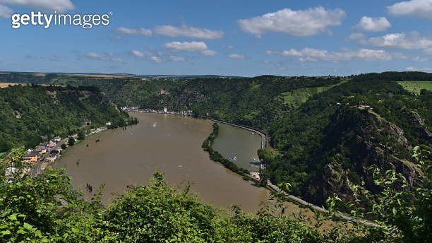 Panoramic view of Rhine river with high water level in Rhineland ...