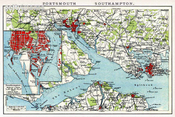 Vintage map of Portsmouth and Southampton England 1898 이미지 (1339034288 ...