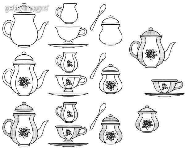 Illustration of tea set, illustration of coffee set. Line drawing. 이미지 ...