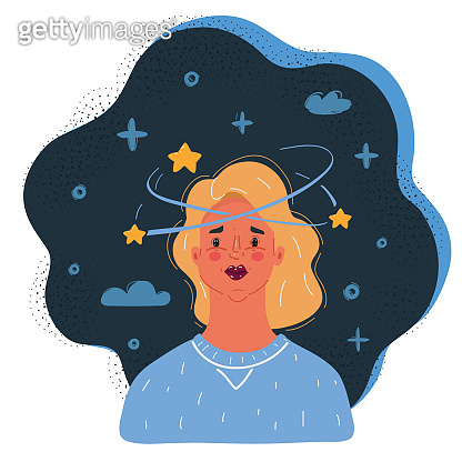 Vector illustration of woman his vertigo head. onfused, male ...