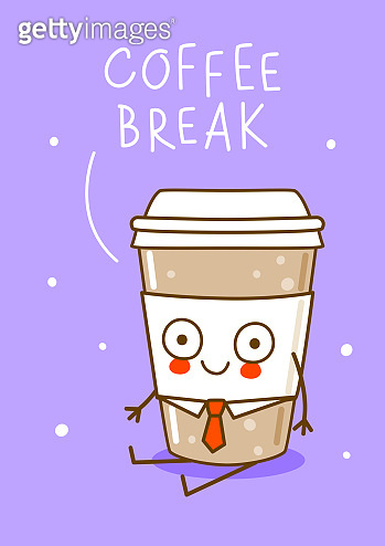 Cute coffee cup on purple background - cartoon character for coffee ...