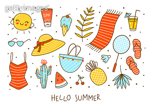 Set of cute summer items isolated on white - cartoon objects for happy ...