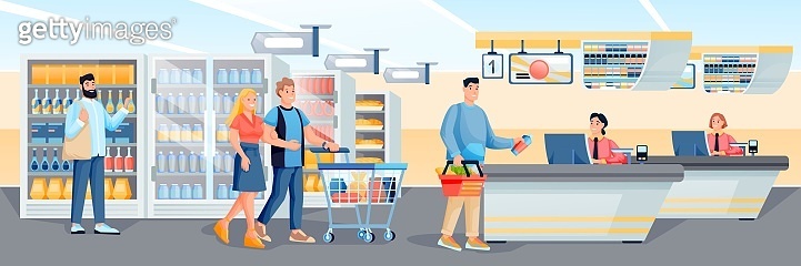 People at supermarket store scene. Man putting food on checkout counter ...