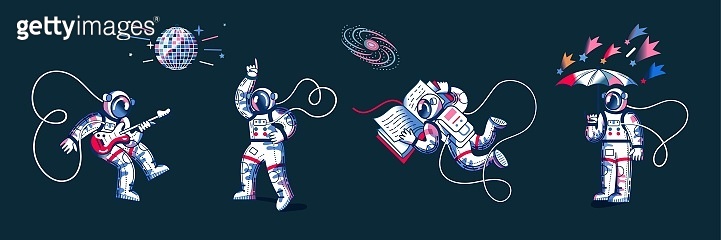 Funny astronaut in space set. Man dancing to funky disco music, playing ...
