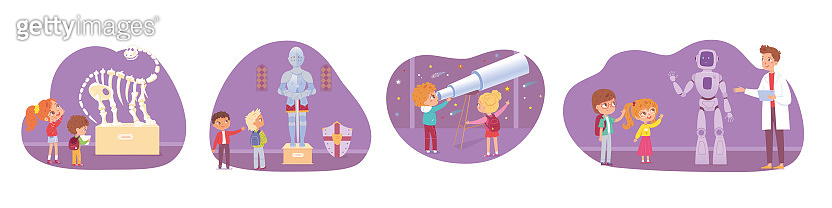 Children on museum trip set. Kids looking at astronomy, dinosaur ...