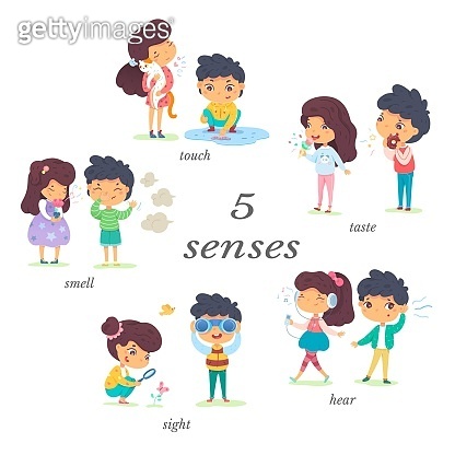 Boy and girl showing five senses set. Sense of sight, touch, hear ...