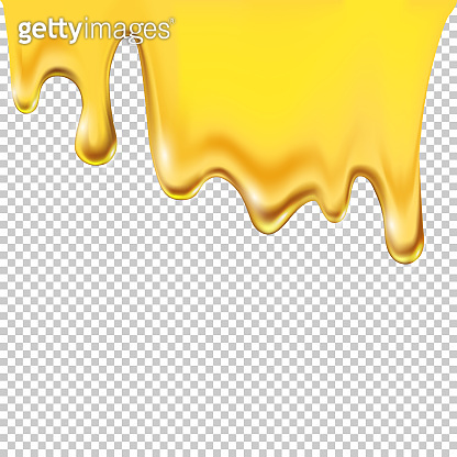 Liquid honey syrup dripping. Yellow melted sauce flowing and dropping ...