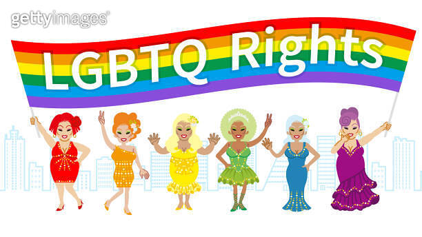 Six drag queens holding a wide rainbow flag and appealing LGBT Right ...