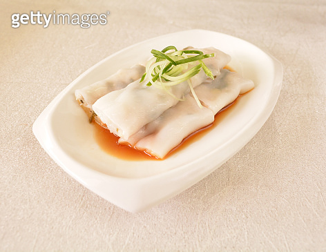 steamed rice vermicelli noodle roll wrapped with char siew prawn meat ...