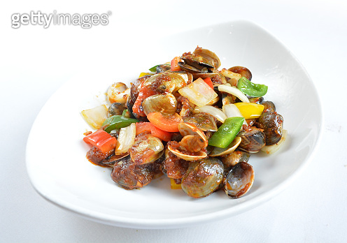 stir fried clam shell seafood with vegetable and chef dry spicy chilli ...