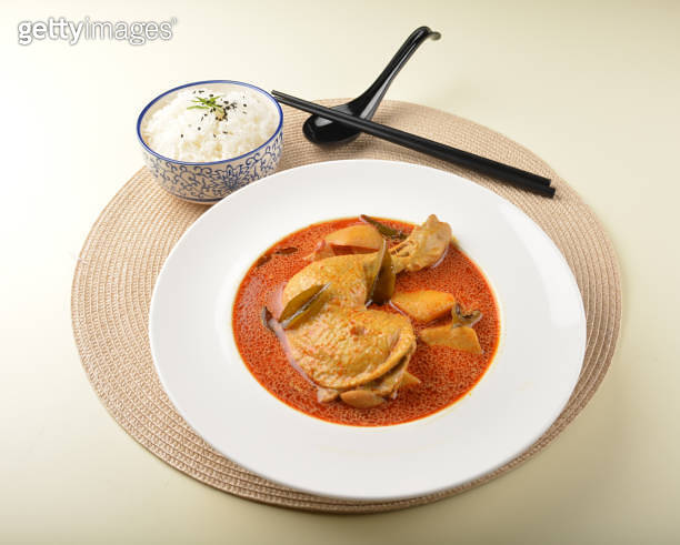 local red nyonya peranakan Malay spicy curry chicken gravy with steam ...