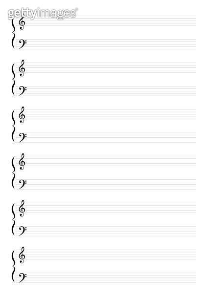 Musical notation with lines, treble clef and bass clef on a white ...