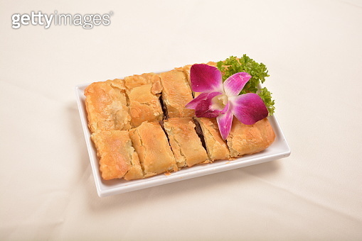 crispy deep fried red bean paste cake biscuit pie pastry with orchid ...