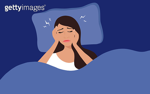 Insomnia woman lying on bed with open eyes vector illustration ...