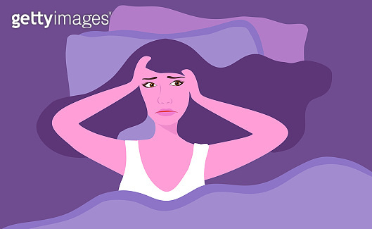Insomnia woman lying on bed with open eyes vector illustration ...