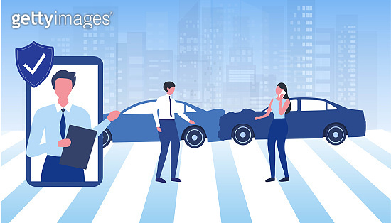 Car accident insurance concept. Two cars crashed and drivers calling to ...