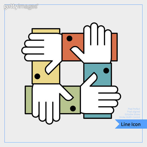 Team icon, arm connected to arm, Pin with four hands held by the wrist ...