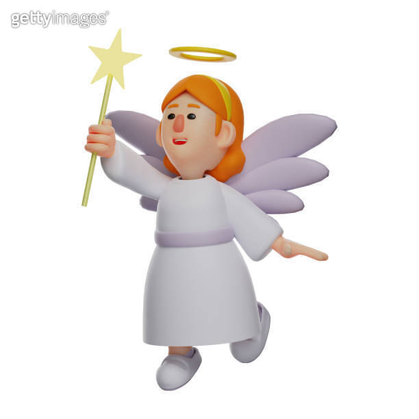 3D Angel Cartoon Illustration holding a magic stick 이미지 (1332806495 ...