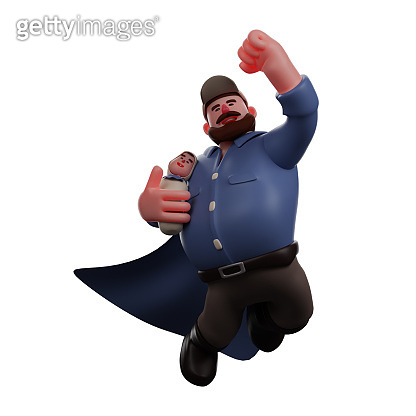 Smiley Face Super Father 3D Cartoon Illustration with his baby ...