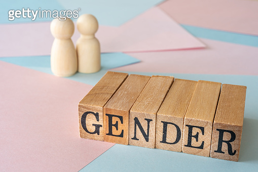 Gender; Wooden stamps with "GENDER" text of concept and two human toys ...
