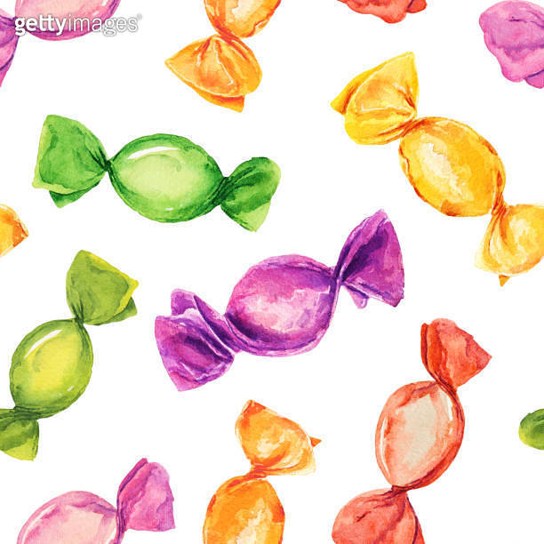 Watercolor seamless pattern with candies in wrapper isolated on white ...