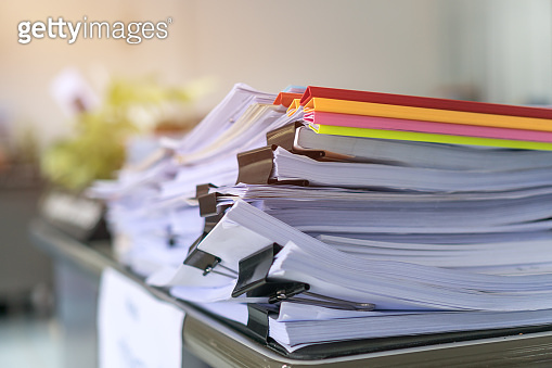 Office organize document paperwork of pile chaos tower papers, A lot of ...