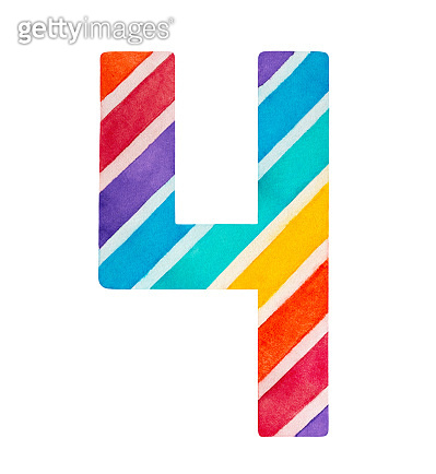 Watercolour illustration of bright number 4, decorated with colorful ...