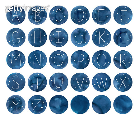 Watercolor illustration of English alphabet with starry night sky ...
