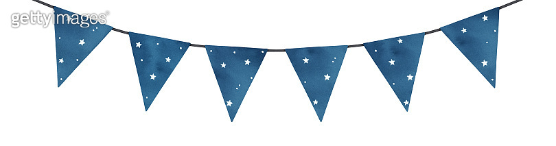 Navy blue triangular flags buntings decorated with stars. Hand painted ...