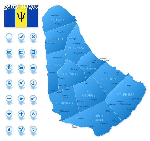 Blue map of Barbados administrative divisions with travel infographic ...