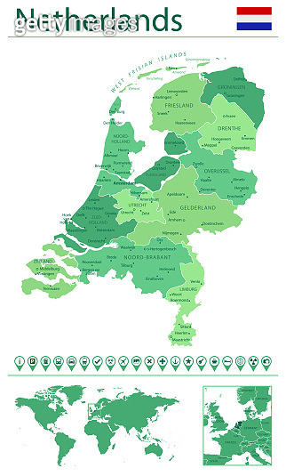 Netherlands detailed map and flag. Netherlands on world map. 이미지 ...