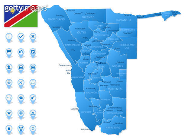 Blue map of Namibia administrative divisions with travel infographic ...